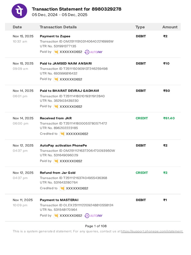 PhonePe Statement Dec2024 Dec2025 | PDF | Debit Card | Payments