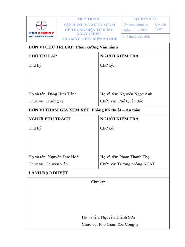 QT VH&XLSC HTĐ XOAY CHIỀU NM AN KHÊ | PDF