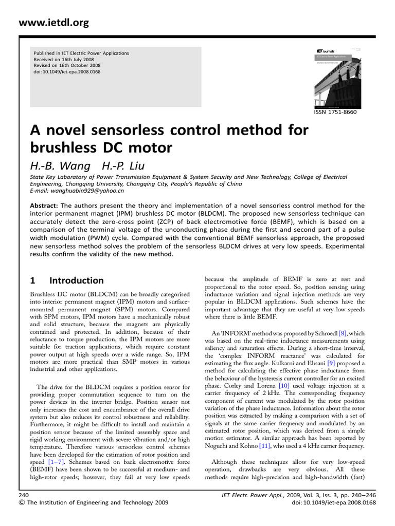 Sensorless Control for BLDC Motors | PDF | Electric Motor | Inductance