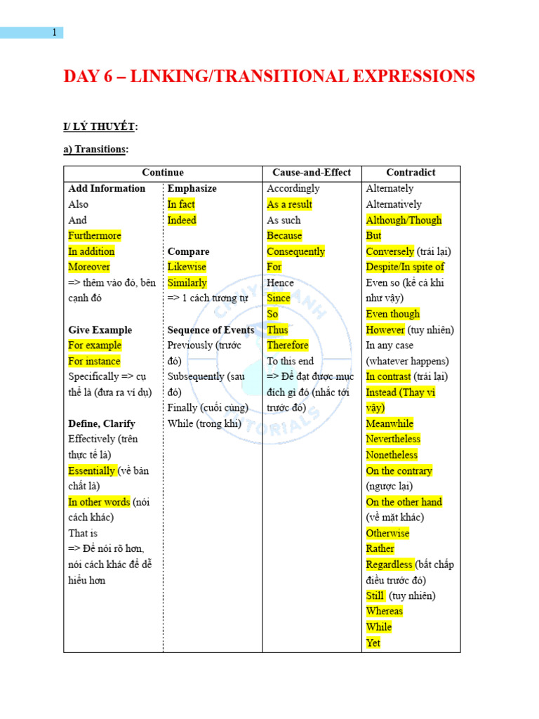 Day 6 - Linking - Transitional Expressions (With Key) | PDF | Syntax ...
