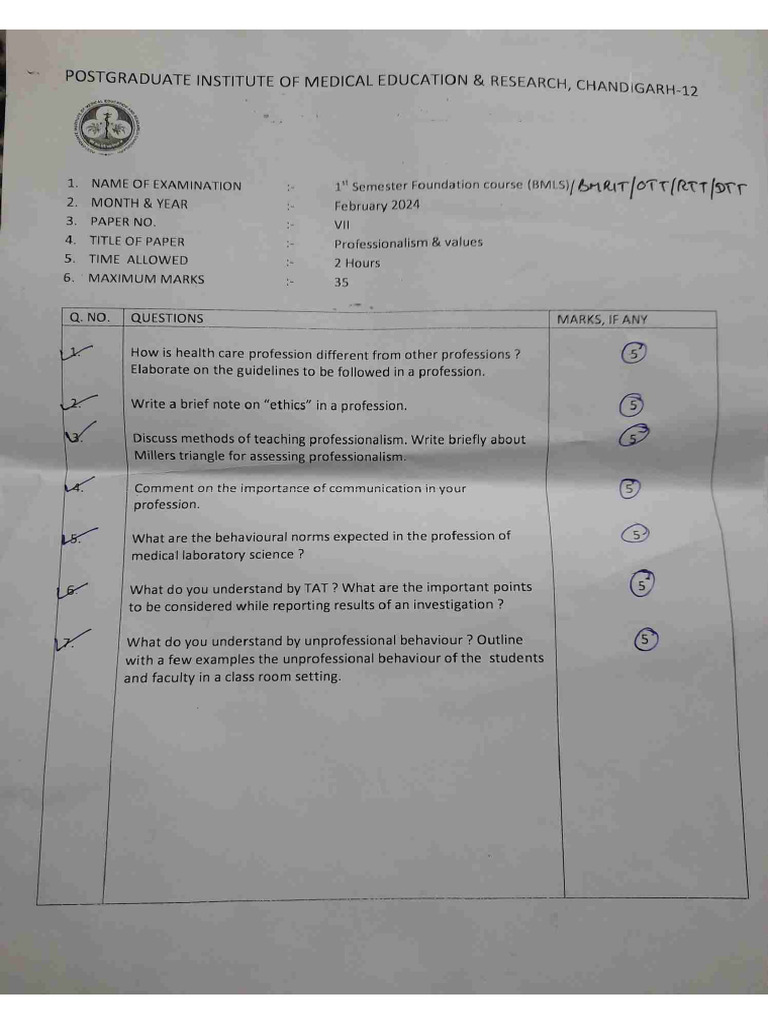 2024 Sem-1 BMRIT PGIMER Chandigarh papers | PDF