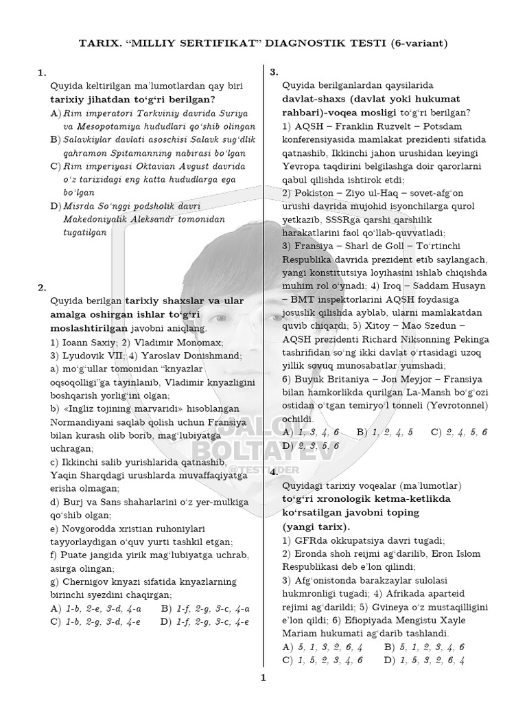 TARIX. MILLIY SERTIFIKAT (@TESTLIDER. JALOL BOLTAYEV. 7-v.) | PDF