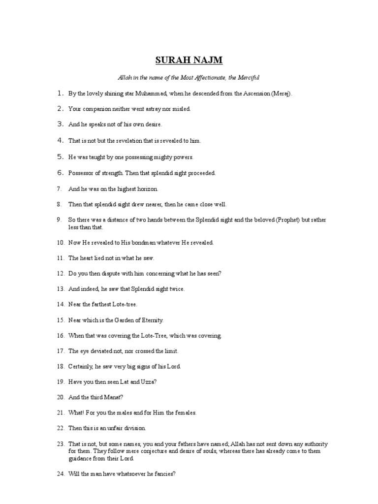 Surah Najm (English Translation) | PDF | Hadith | Muhammad