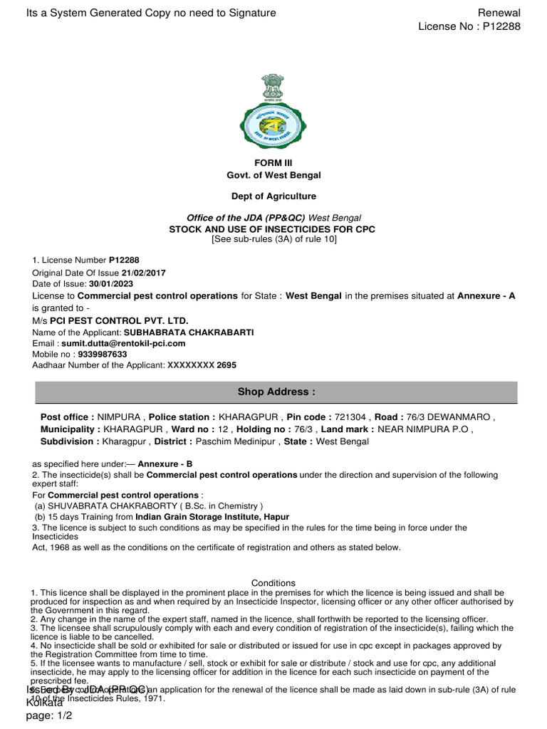 West Bengal Insecticide License P12288 | PDF | License
