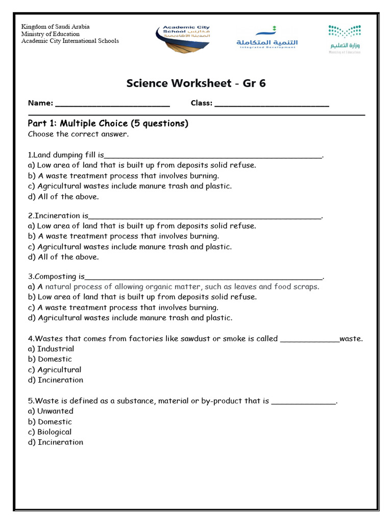 Science Worksheet Type of Wastes and Methods of Disposal (Gr-6) | PDF