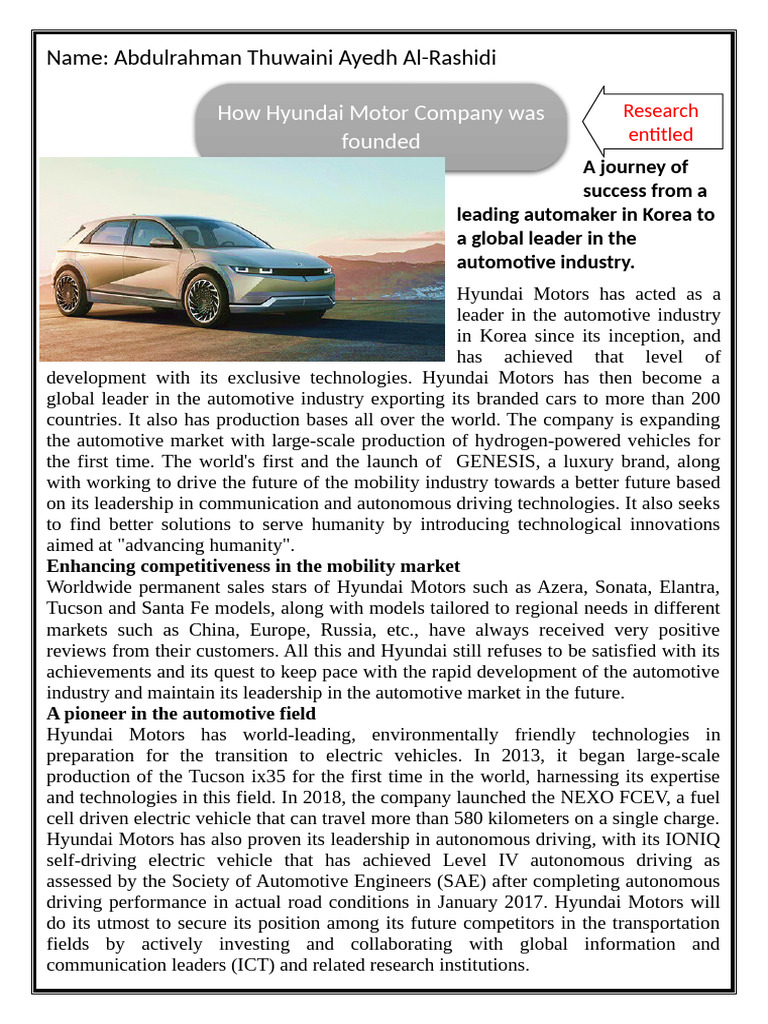 Hyundai Motors: A Global Automotive Leader | PDF | Vehicles ...