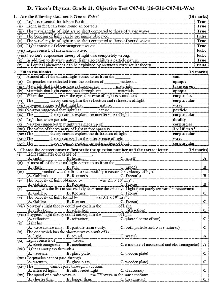 G11 Objective C07 01 WA | PDF | Light | Waves