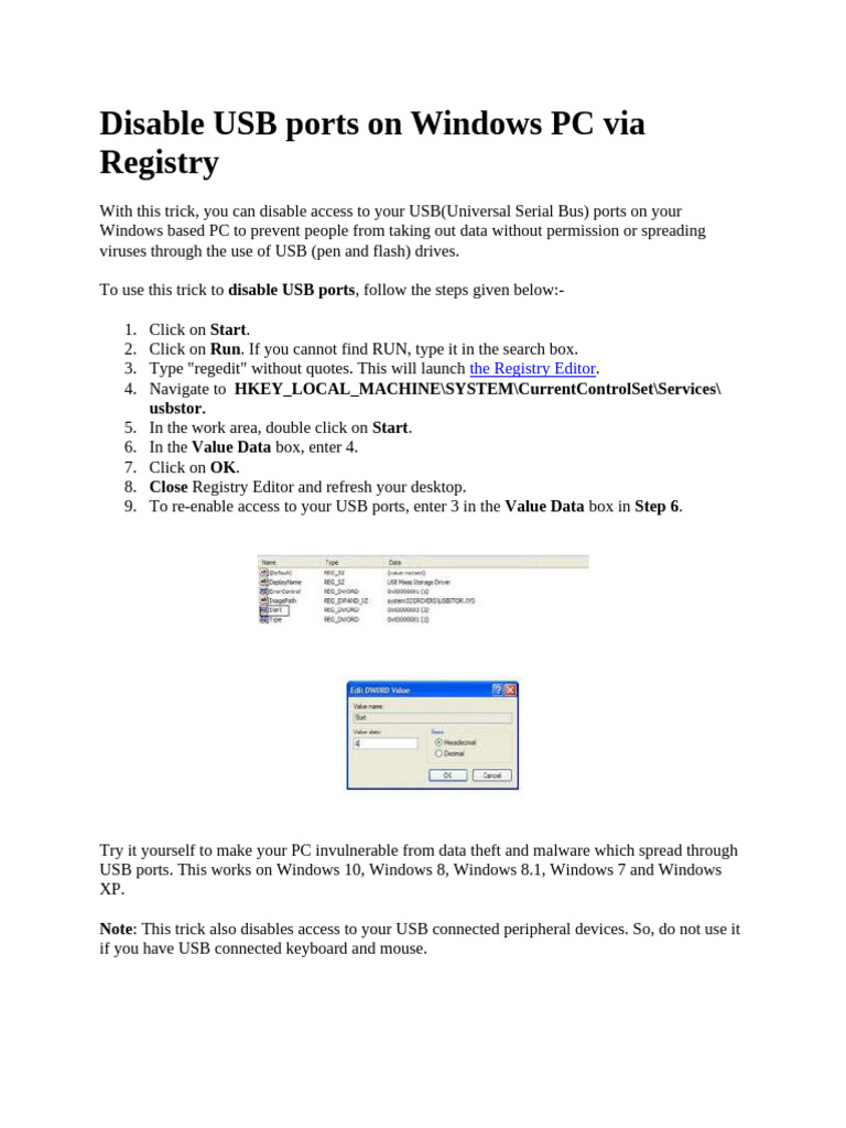 Disable USB Ports on Windows PC via Registry | PDF