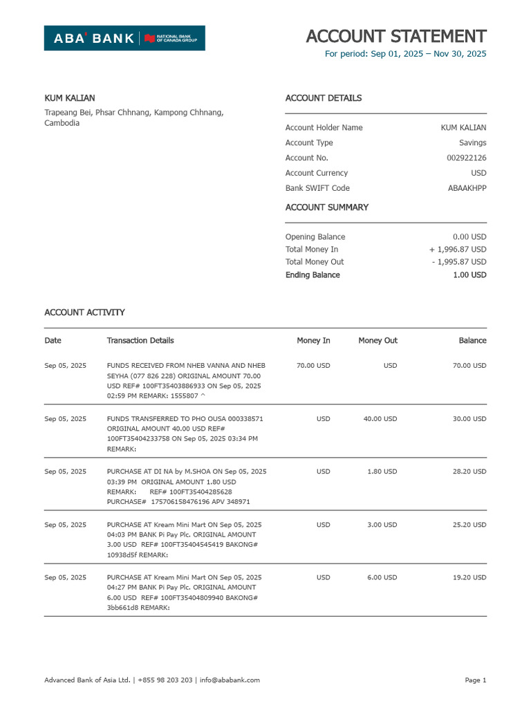 KUM KALIAN Savings Account Statement | PDF | Banks | United States Dollar