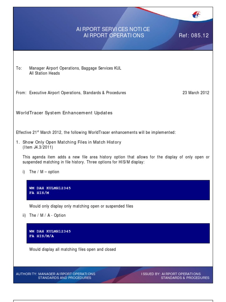 ASN 085.12 - WorldTracer System Enhancement Updates | Airport | Aviation