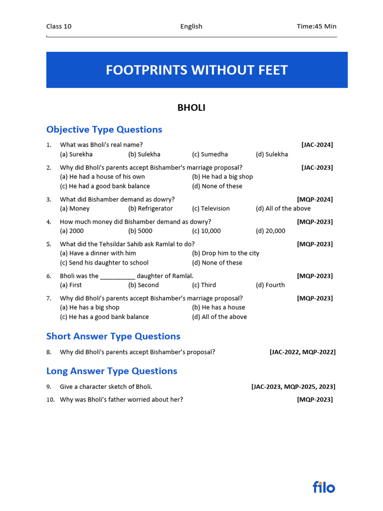 Bholi Class 10 English Questions | PDF