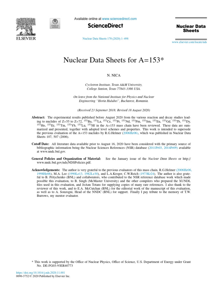 Nuclear Data Sheets for A=153 Nuclides | PDF | Time Of Flight Mass ...