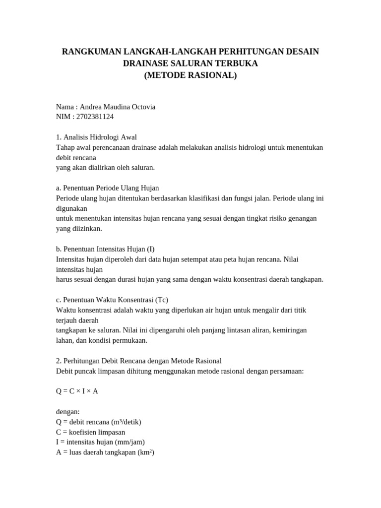 Rangkuman Desain Saluran Drainase Terbuka (Metode Rasional) | PDF