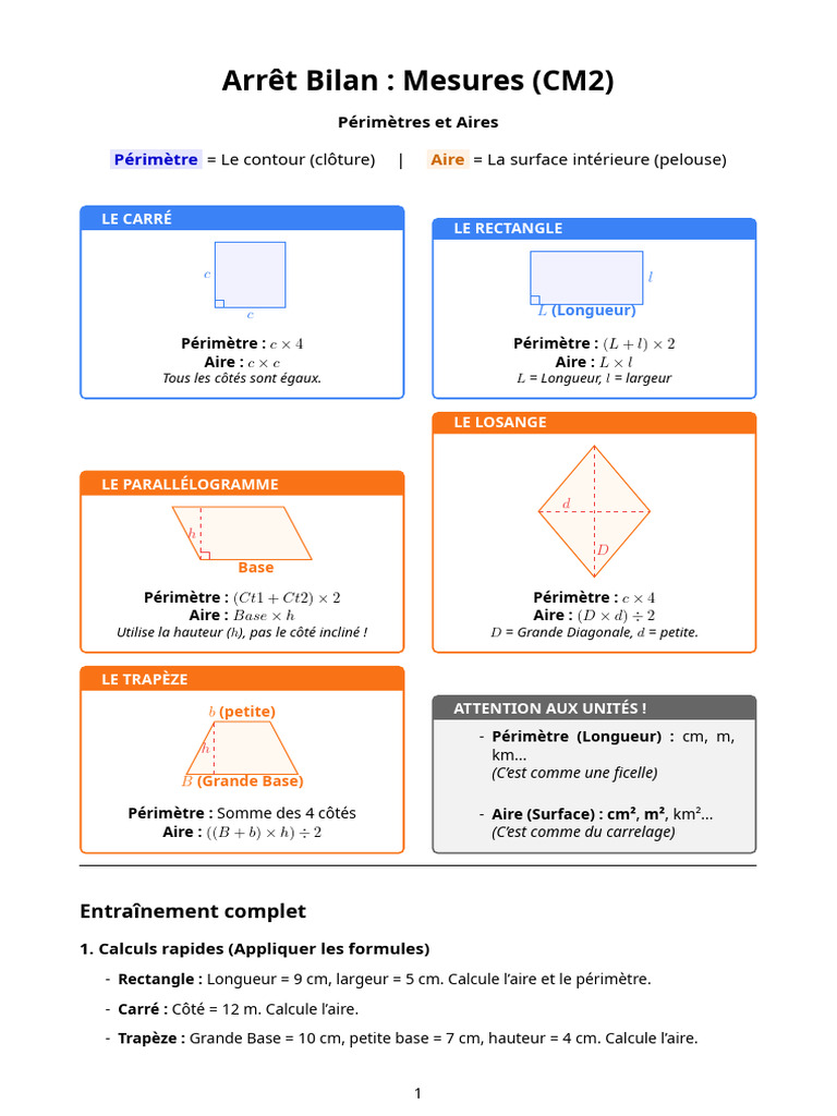 Périmètres et Aires : Formules CM2 | PDF | Zone | Concepts mathématiques