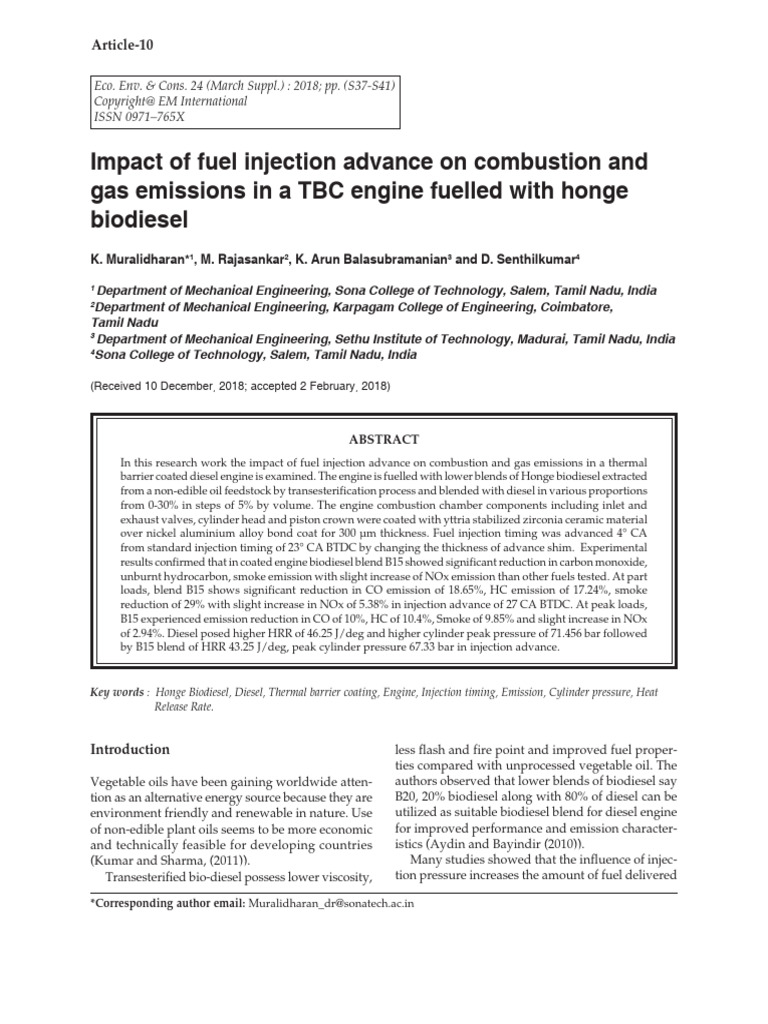 Impact of Fuel Injection Advance On Combustion and Gas Emissions in A TBC Engine Fuelled With ...