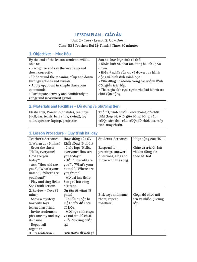 Lesson Plan Up Down | PDF