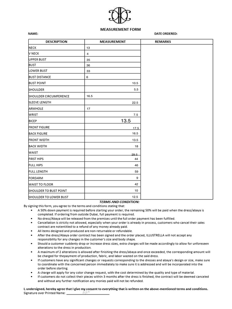 Illustrella Client Measurement Form Updated (1) (1) | PDF | Dress ...