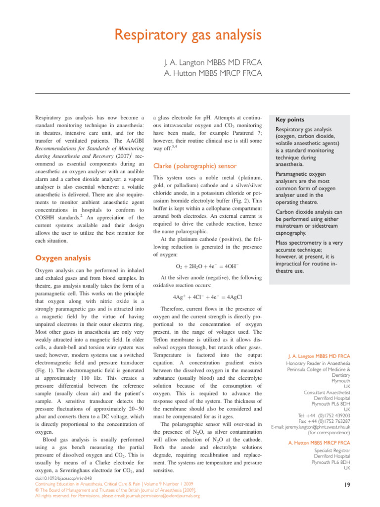 Respiratory Gas Analysis in Anaesthesia | PDF | Spectroscopy | Infrared ...