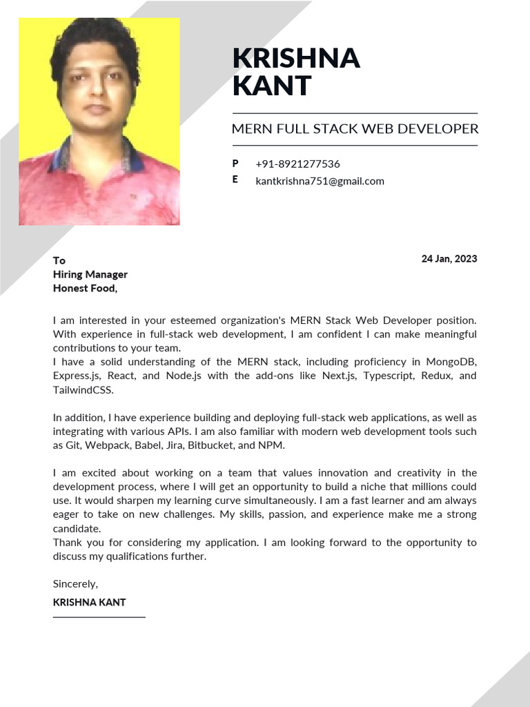 MERN Stack Developer Application Letter | PDF