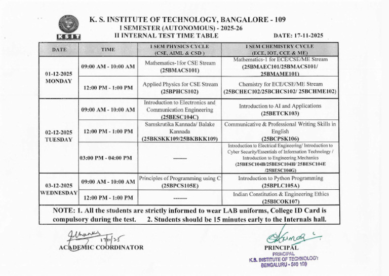 I SEM 2nd CIE TimeTable | PDF