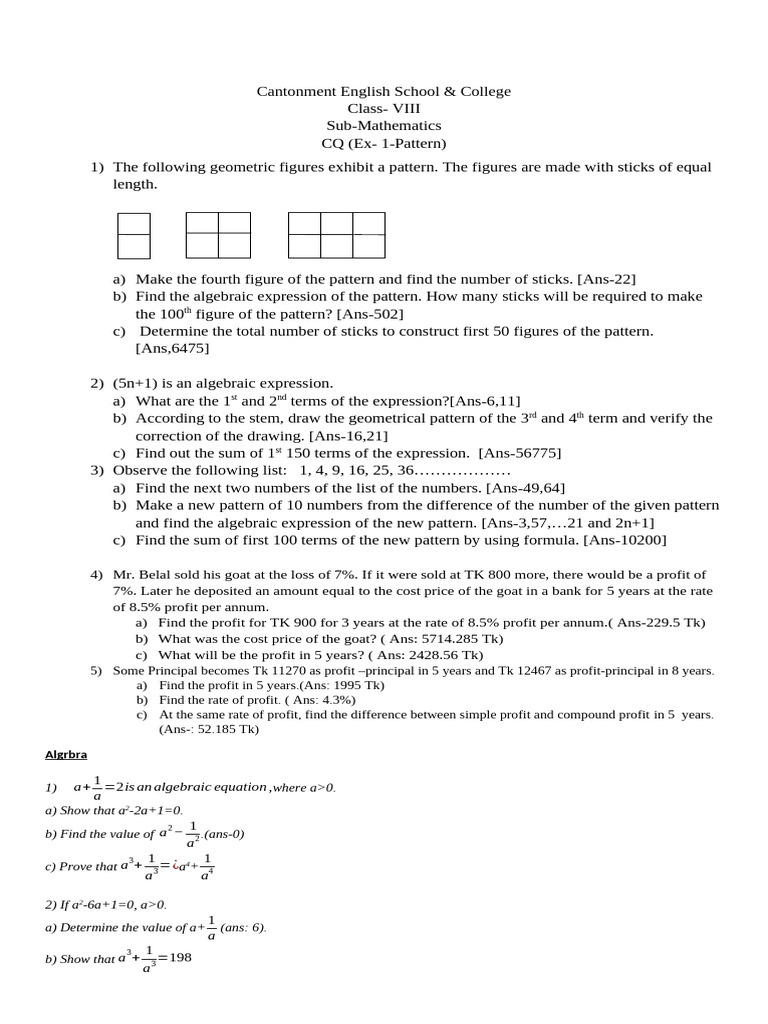 Mathematics Patterns and Algebra Exercises | PDF | Numbers | Number Theory