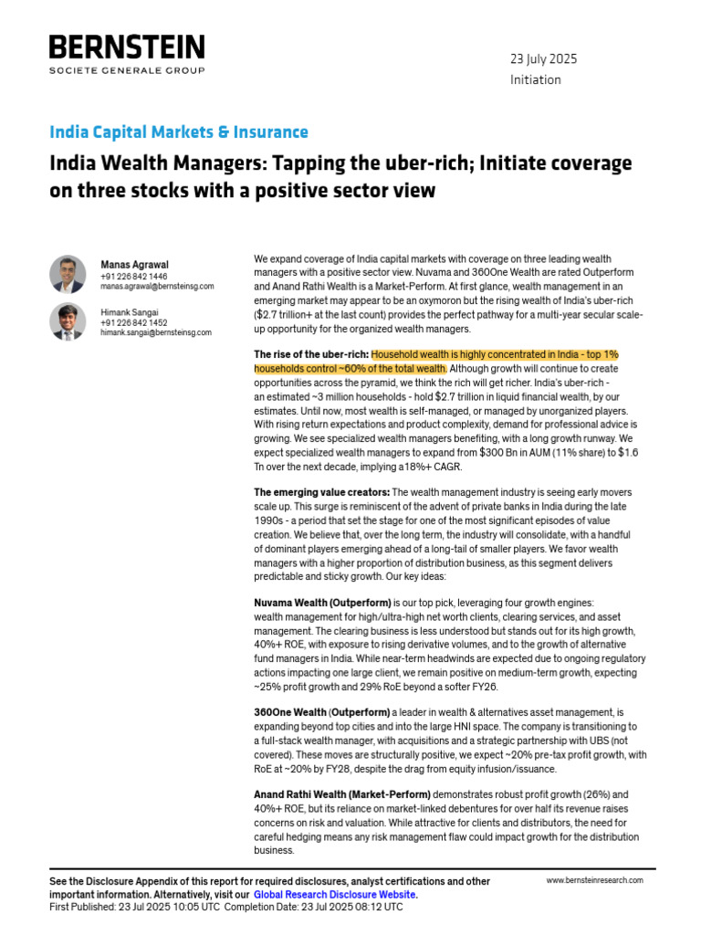 India Wealth Managers Report - Bernstein | PDF | Market Liquidity ...