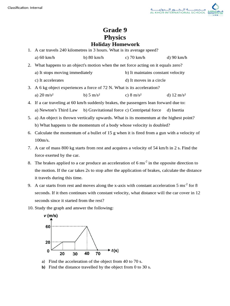 Grade 9 Physics Holiday Homework | PDF