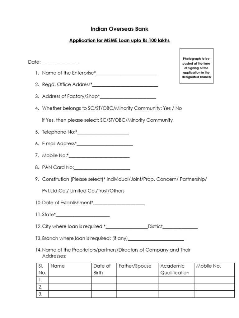 MSME Loan Application Form - Indian Overseas Bank | PDF | Credit ...