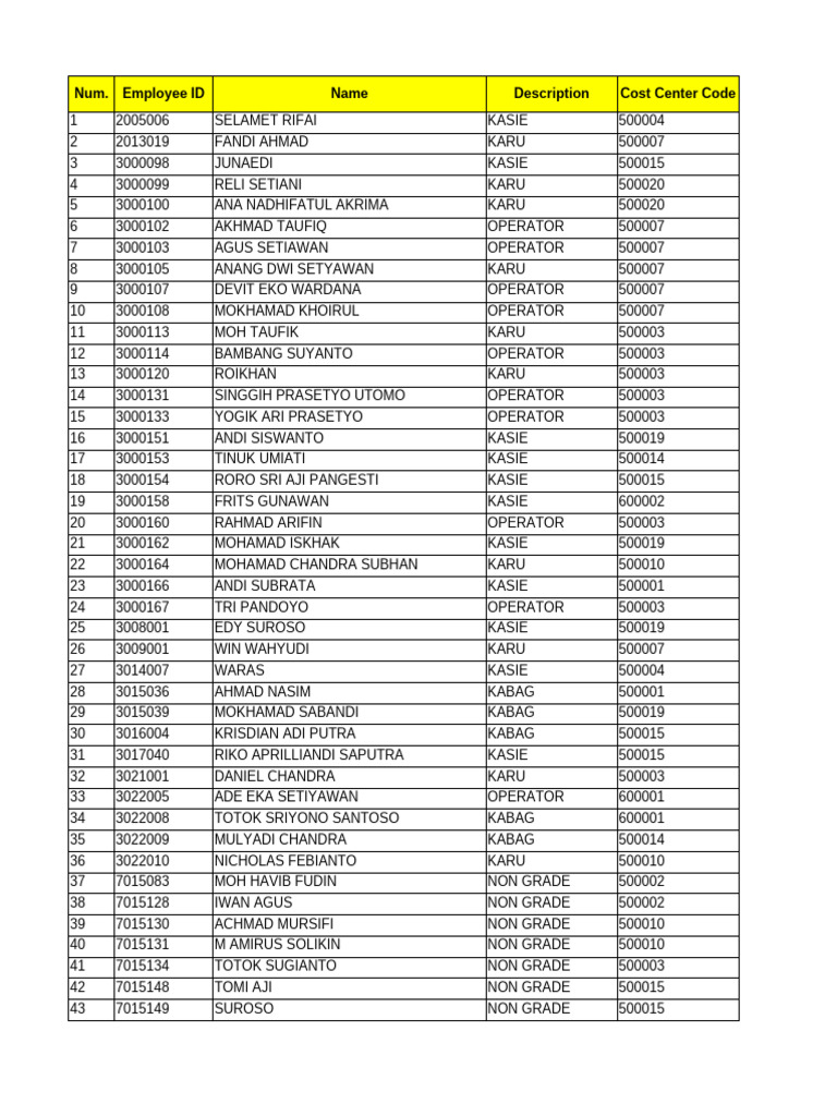 Jasem Rekap Org Structure Dan Cost Center JPayroll Newface Up 22 Agst | PDF