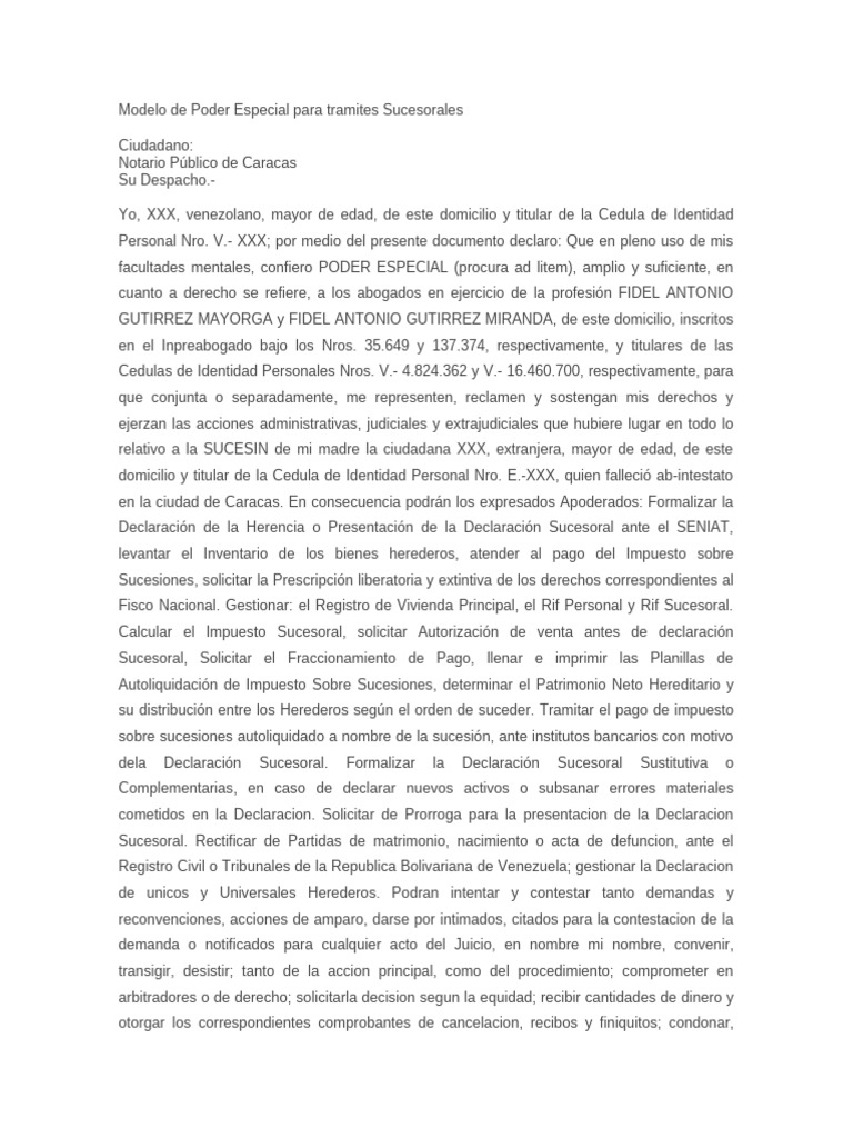 Modelo de Poder Especial para tramites Sucesorales | PDF