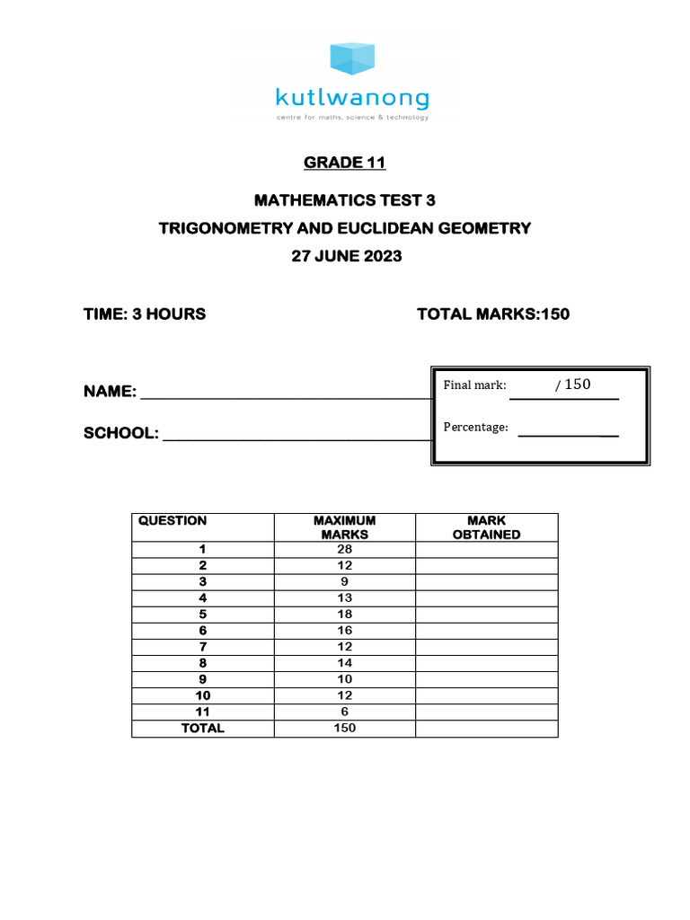 Grade 11 Trigonometry & Geometry Test | PDF | Circle | Mathematics