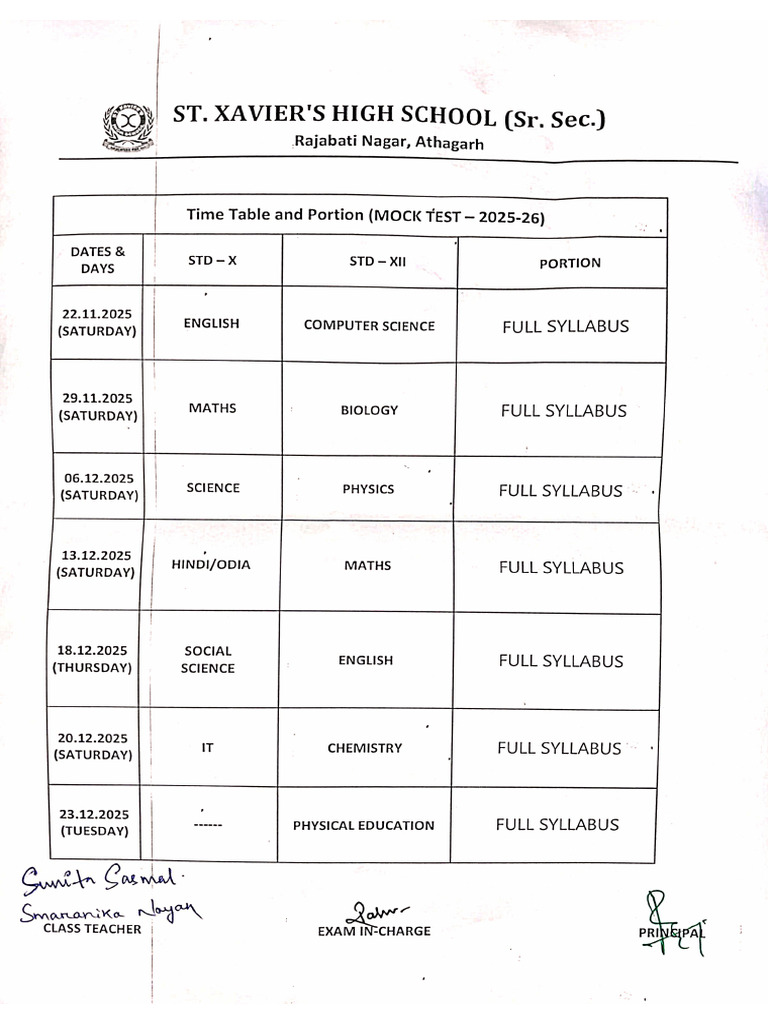 Mock Test Timetable and Portion STD X & Xiinov 3, 2025 1-40 PM | PDF