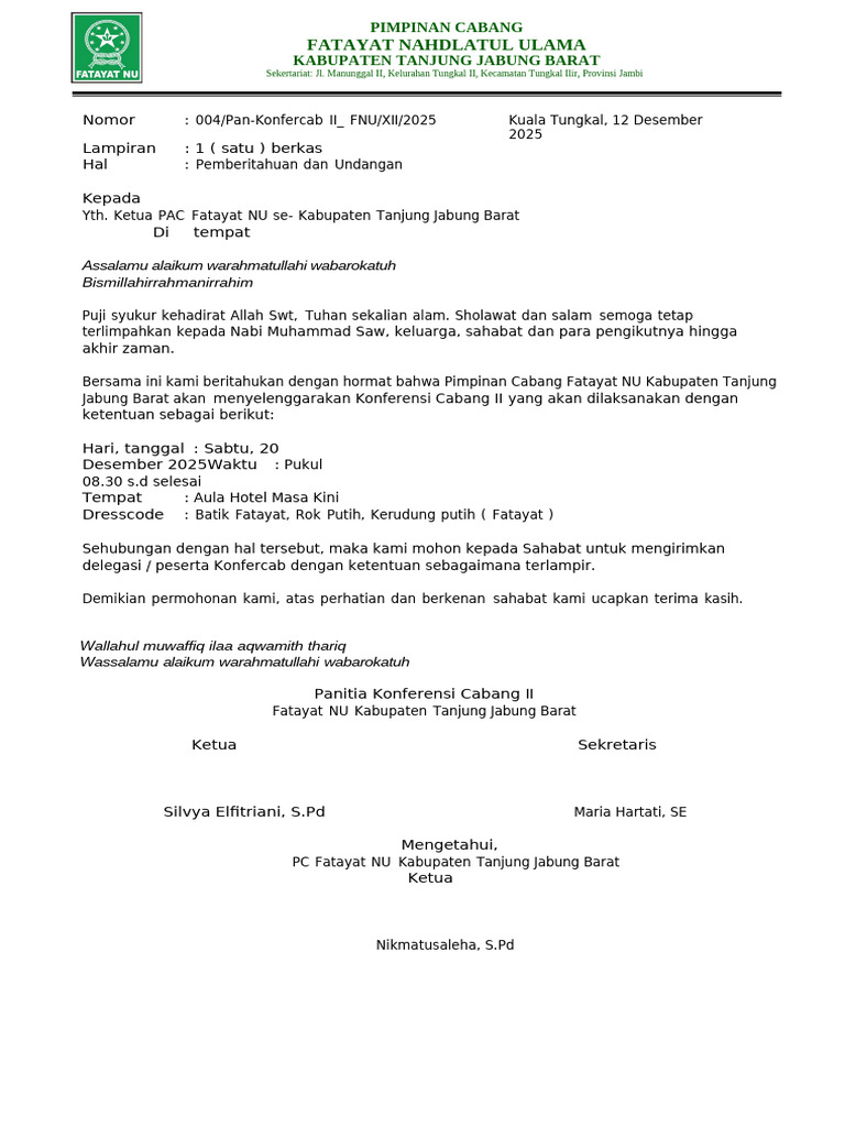 Undangan Konfercab II Fatayat NU 2025 | PDF