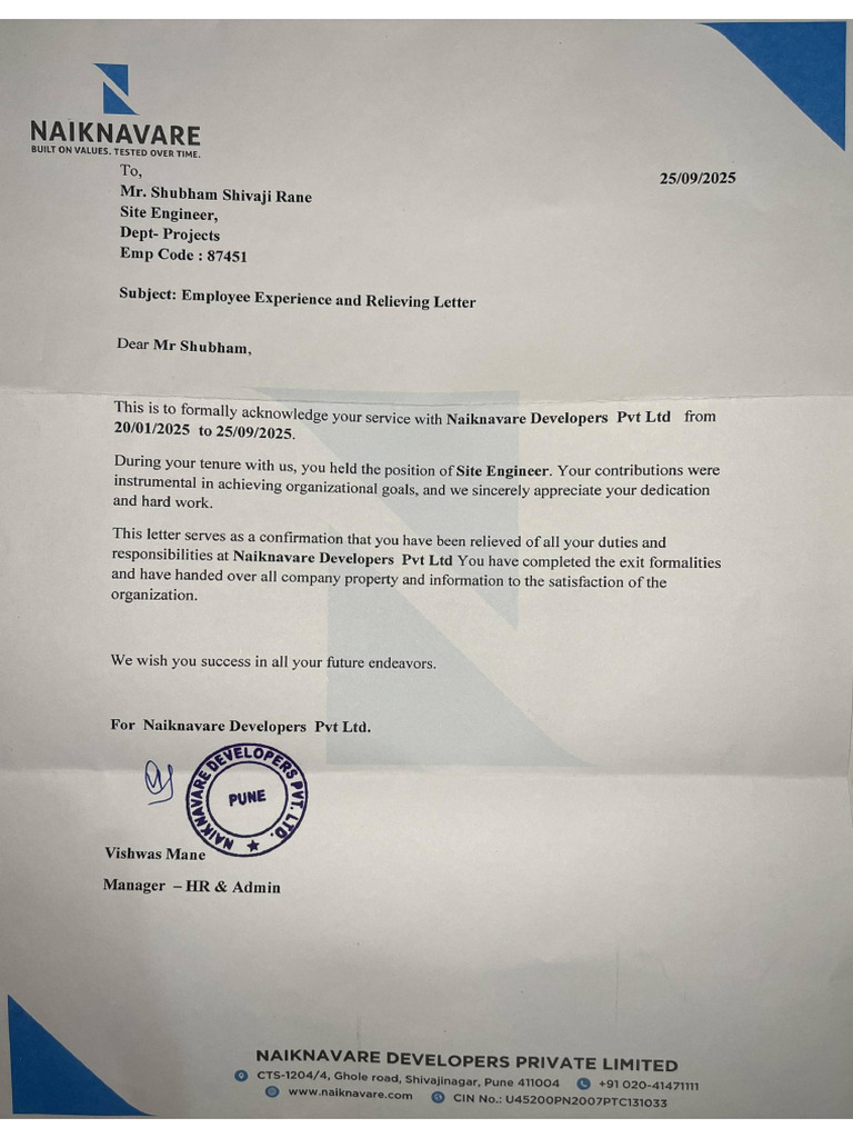 Naiknavare Experience Letter | PDF