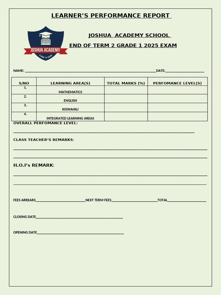 Grade 1 Performance Report 2025 | PDF