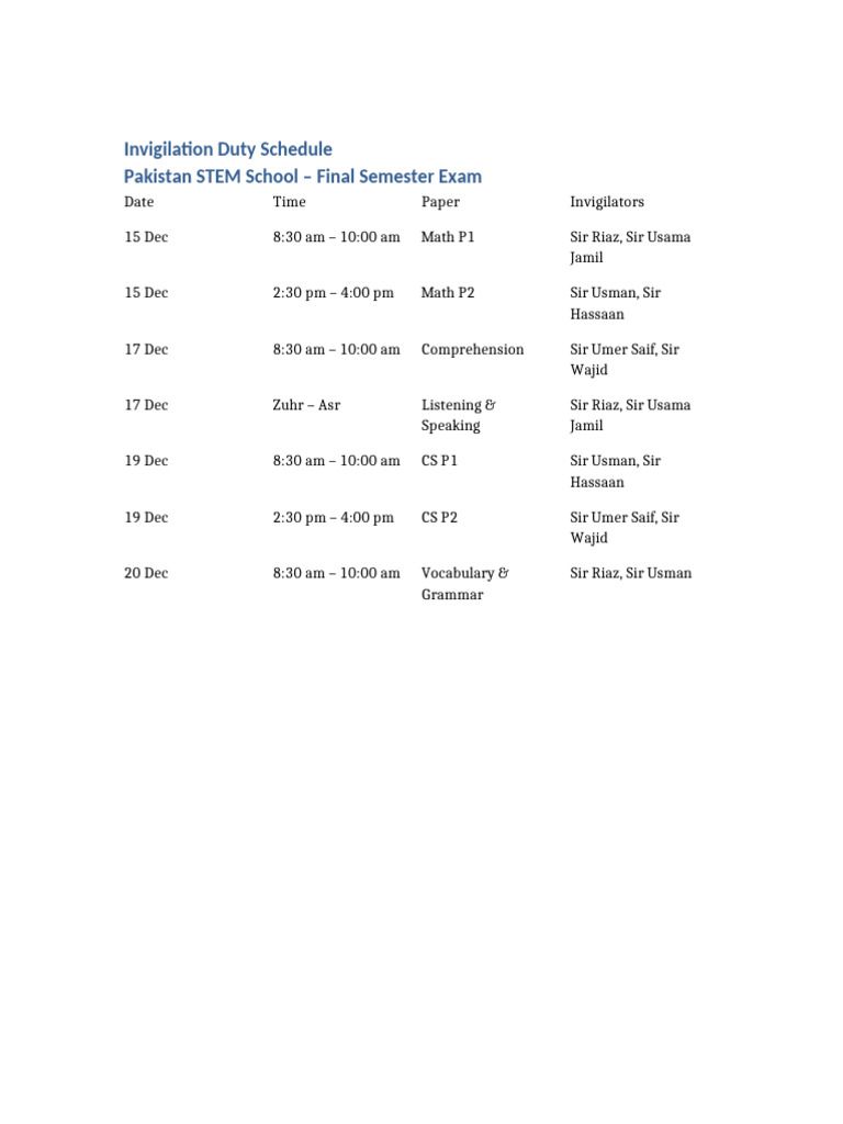 Invigilation Duty Schedule (1) | PDF