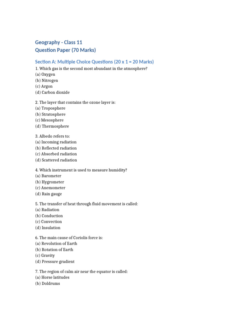 Geography Class 11 Question Paper Board Level | PDF | Atmosphere Of Earth | Troposphere