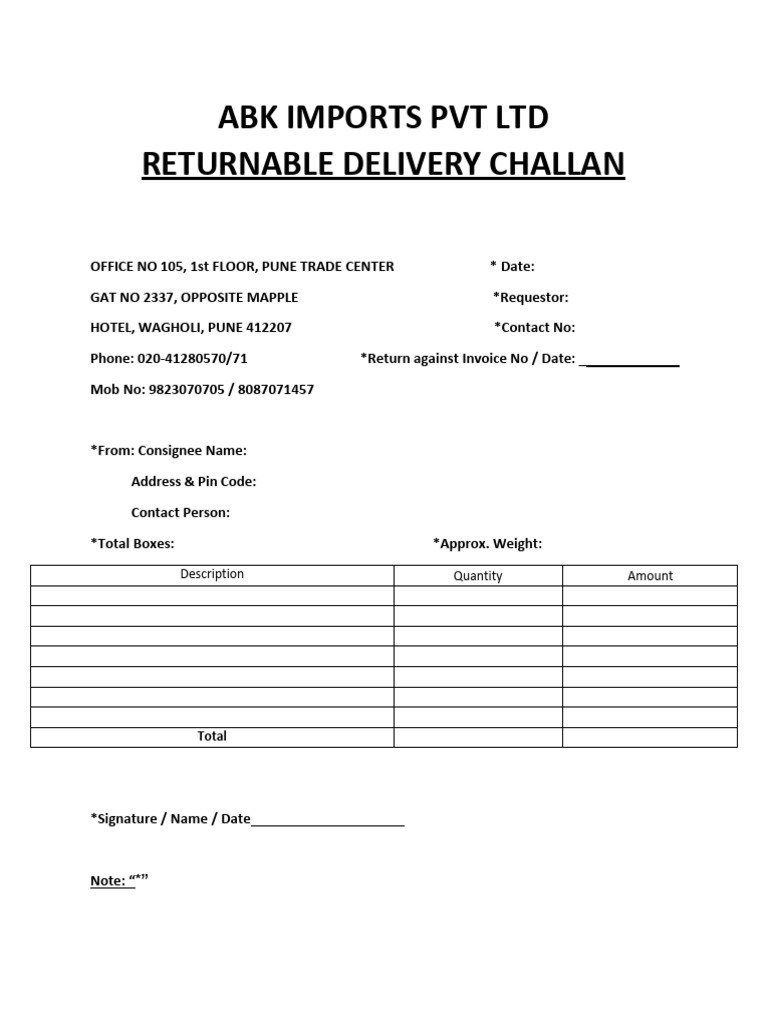 Returnable Delivery Challan For Cust | PDF
