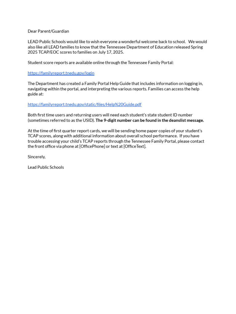 TCAP/EOC Scores Access for Families | PDF