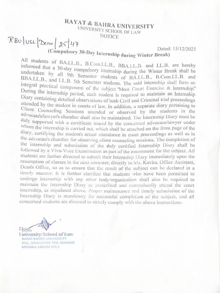 Compulsory- 30 Days Internship During Winter Break | PDF