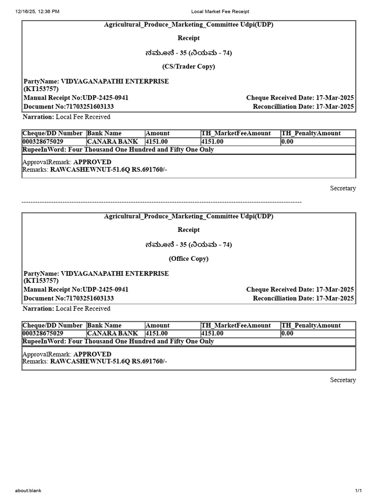 Local Market Fee Receipt 50 | PDF
