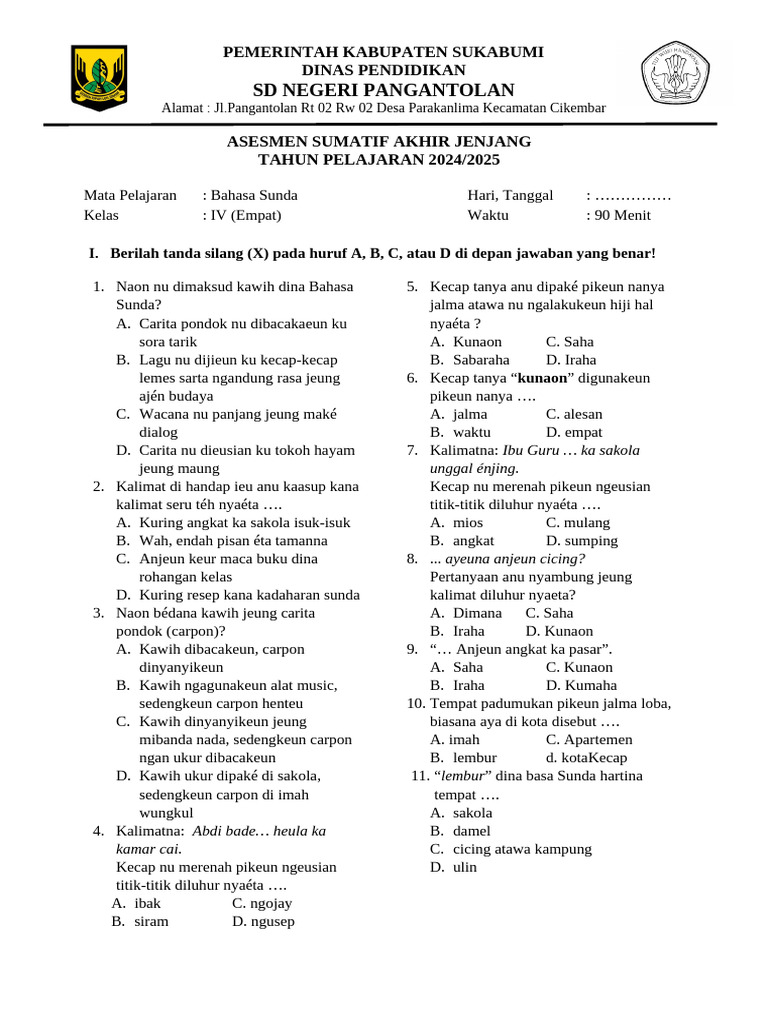 Soal SAT B. Sunda Kls 4 Revisi 1 | PDF