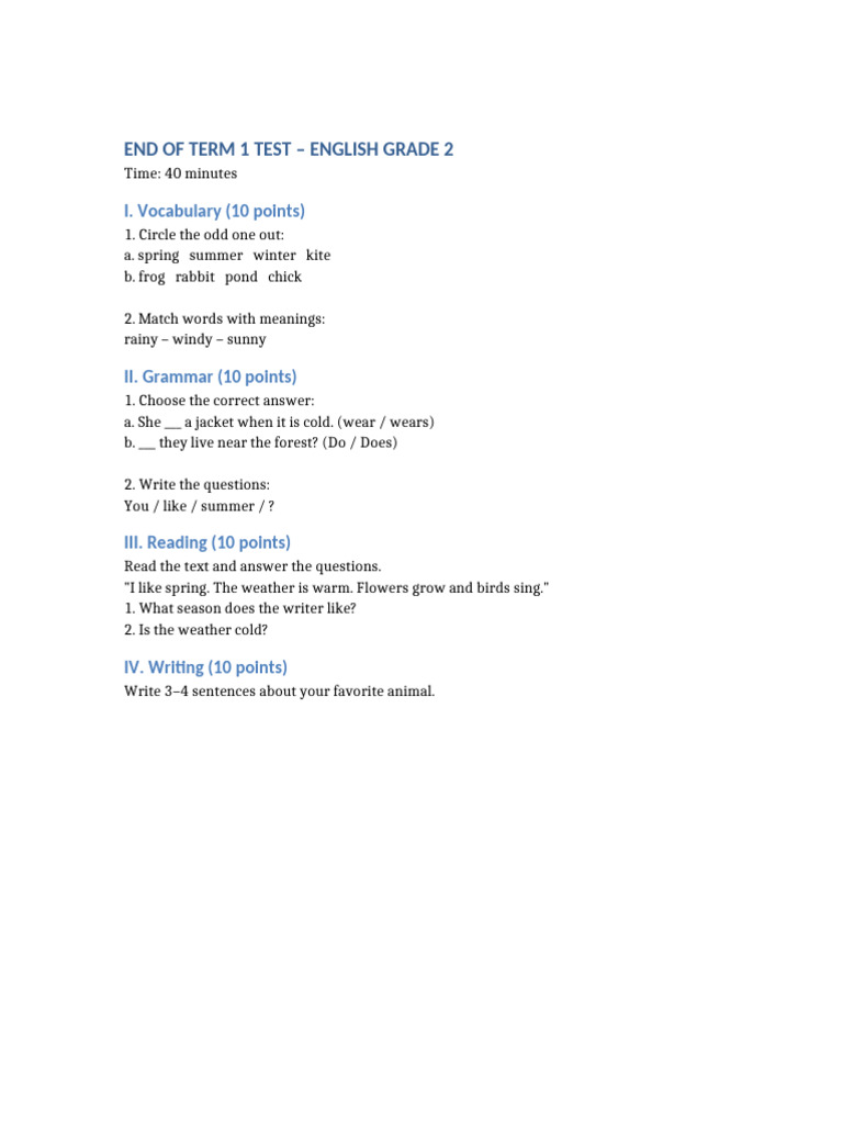 End of Term1 Test English Grade2 | PDF