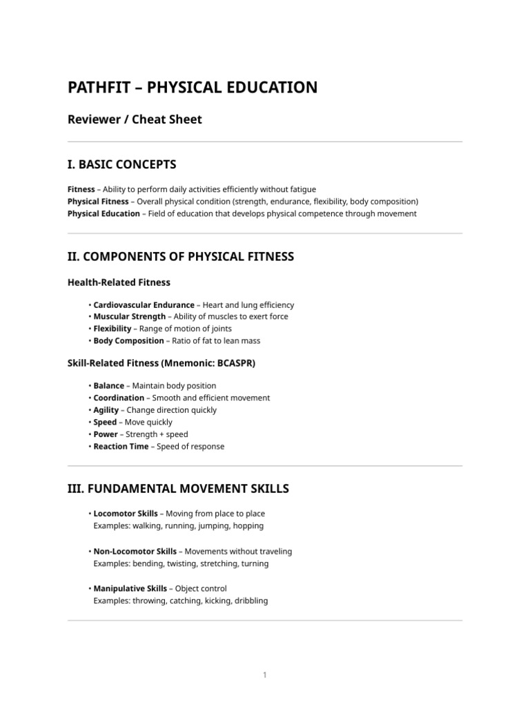 Pathfit Physical Education – Reviewer _ Cheat Sheet | PDF | Nutrition ...