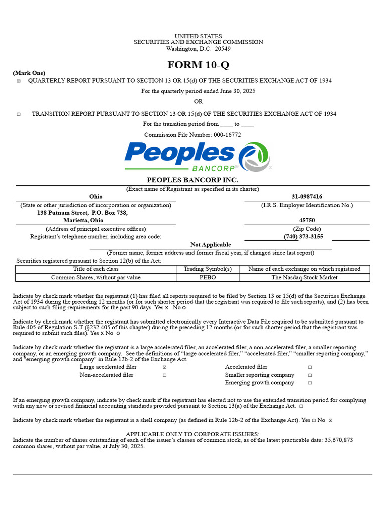 FORM 10-Q: Peoples Bancorp Inc | PDF | Fair Value | Share Repurchase