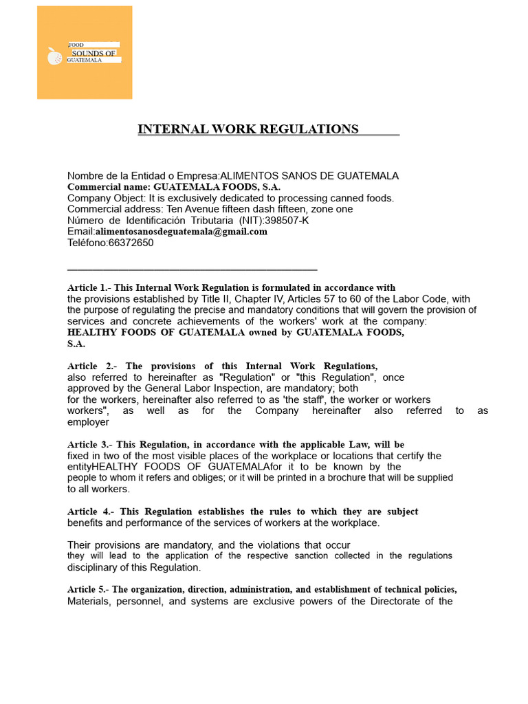 Internal Work Regulations for Guatemala Foods | PDF | Occupational ...