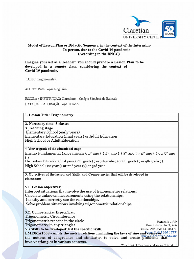 Lesson Plan - 2nd Year of High School | PDF | Trigonometric Functions ...