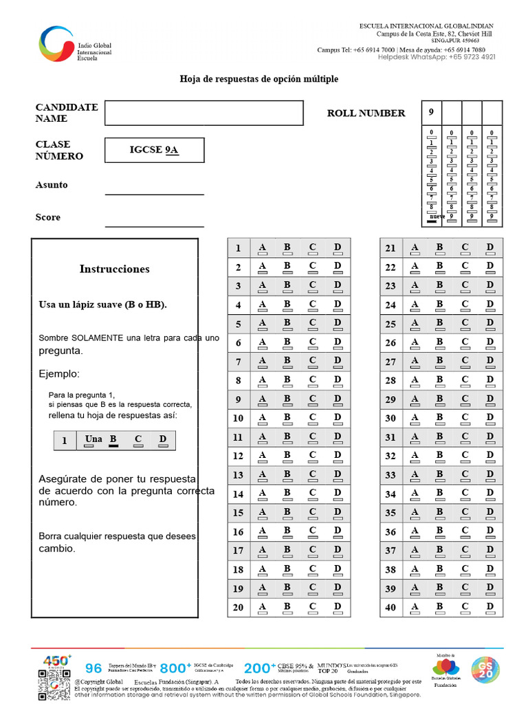Hoja de Respuestas de Opción Múltiple para 9 IGCSE | PDF