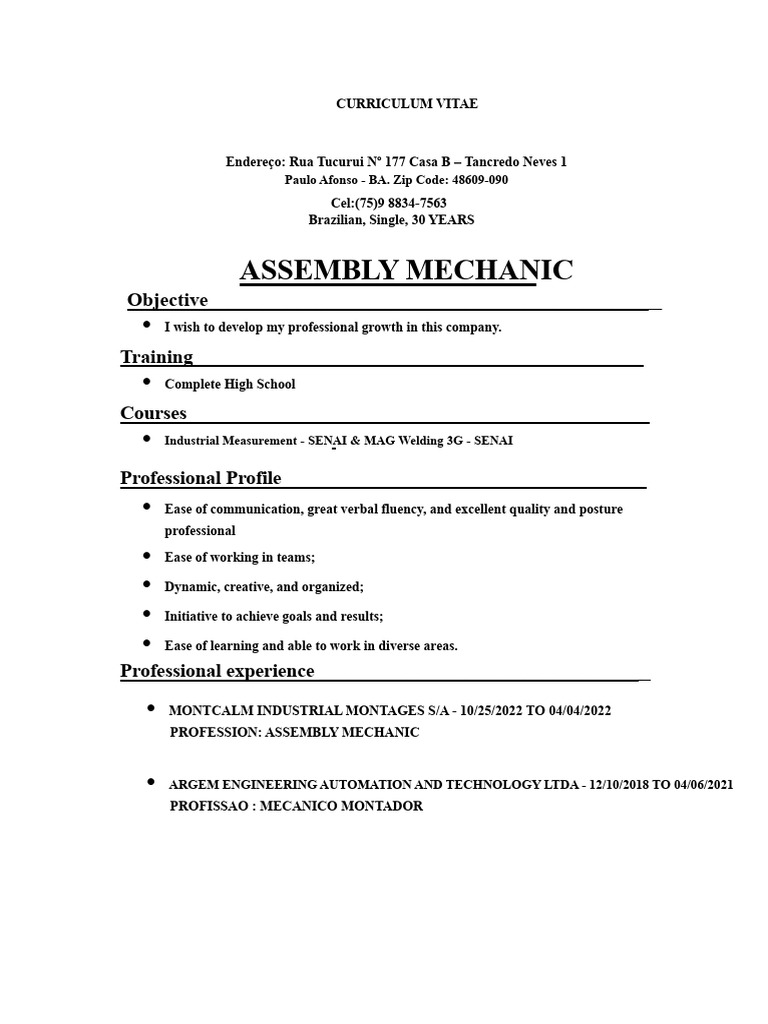 Mechanical Assembler Resume Flavio | PDF