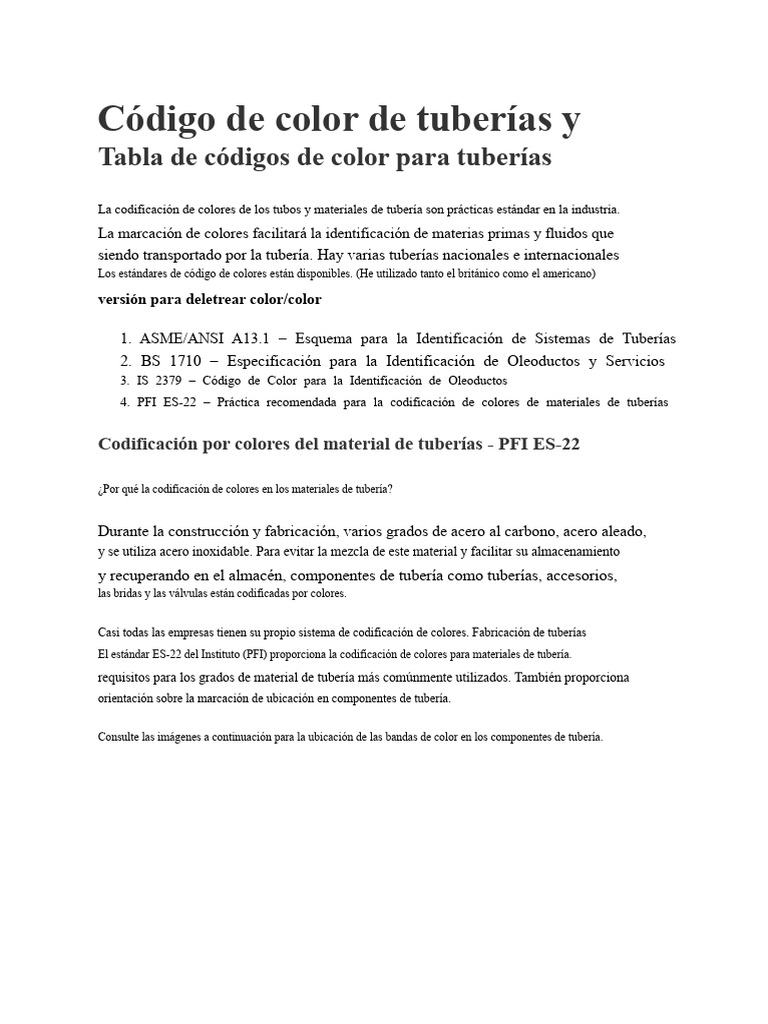 Resumen Del Estándar de Código de Color de Tuberías y La Tabla de ...